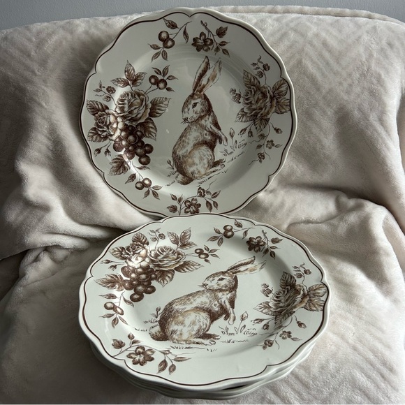 Dining | Maxcera Easter Bunny Brown White Rose Toile Dinner Plates Set ...